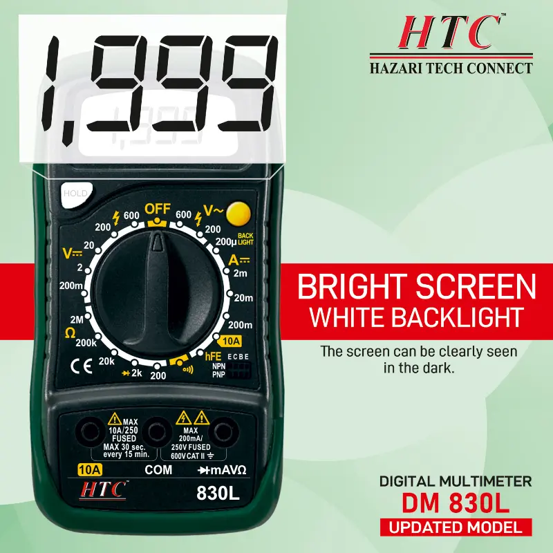 HTC DM-830L Digital Multimeter – AC/DC Voltage, Current & Resistance ...